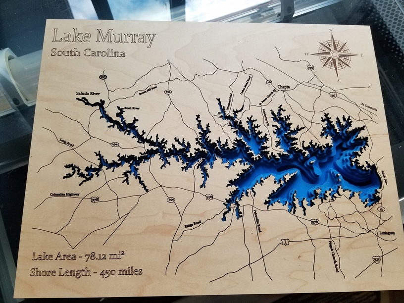 Bathymetric Map of Lake Murray, South Carolina - Made on a Glowforge ...
